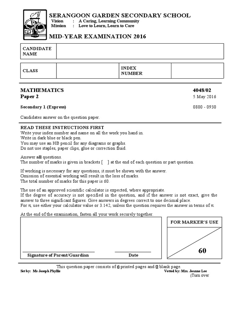 2016 MYE 1E E Math P2 Ques Paper | PDF | Numbers | Mathematics