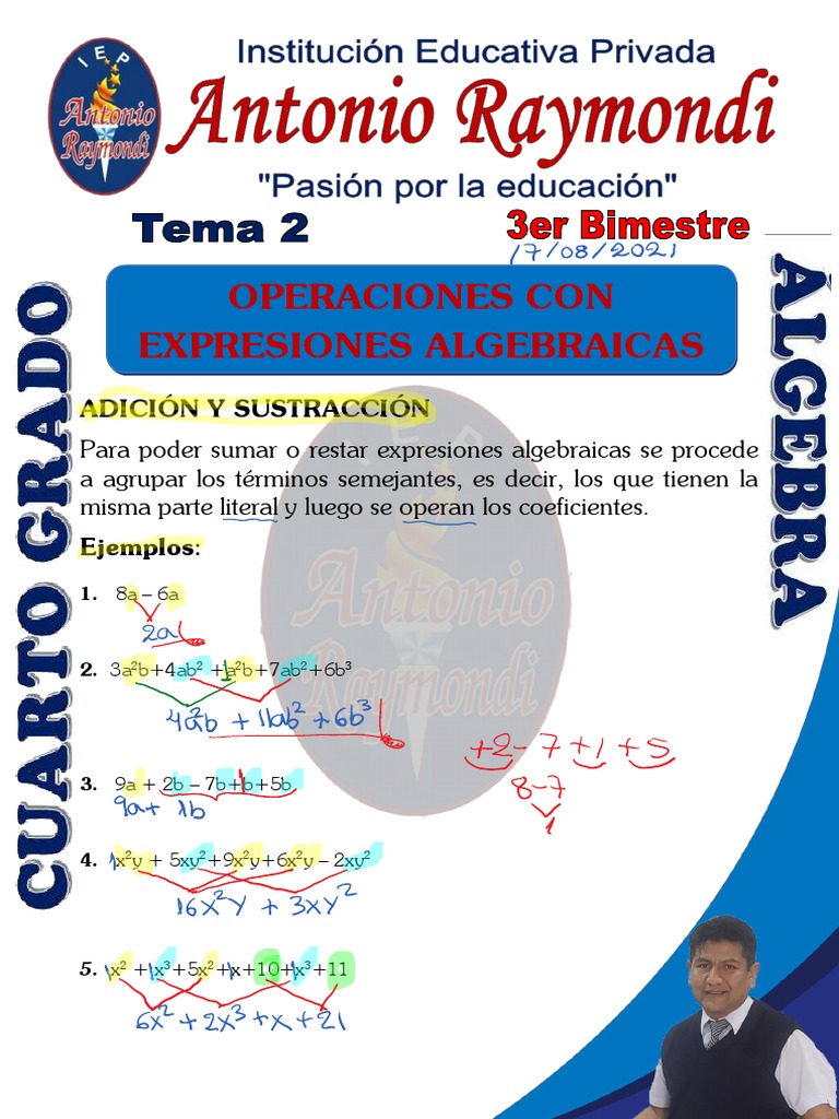 4to Capitulo 2 Algebra (Operaciones Con Expresiones Algebraicas) | PDF