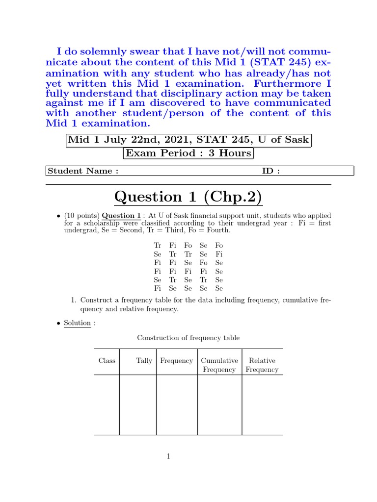 Mid 1 STAT 245 Summer 2021 | PDF | Quartile | Statistics