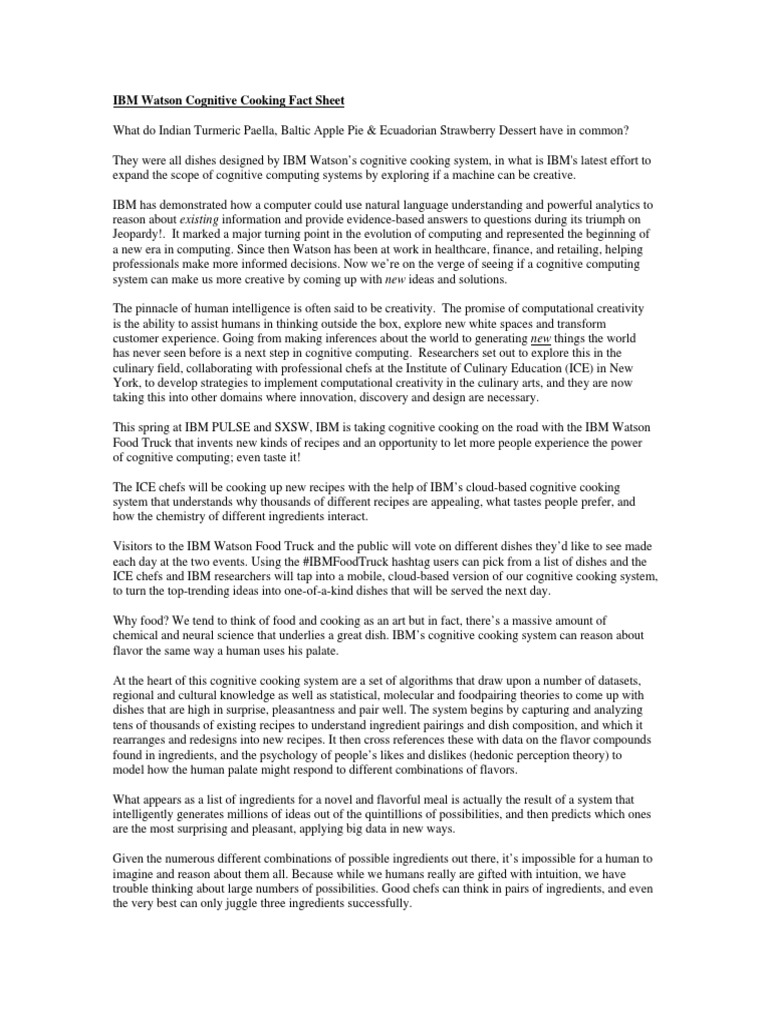IBM Watson Cognitive Cooking Fact Sheet | PDF | Watson (Computer ...