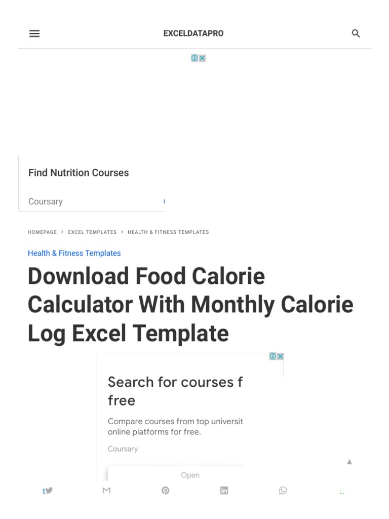 Food Calorie Calculator With Monthly Calorie Log Excel Template ...