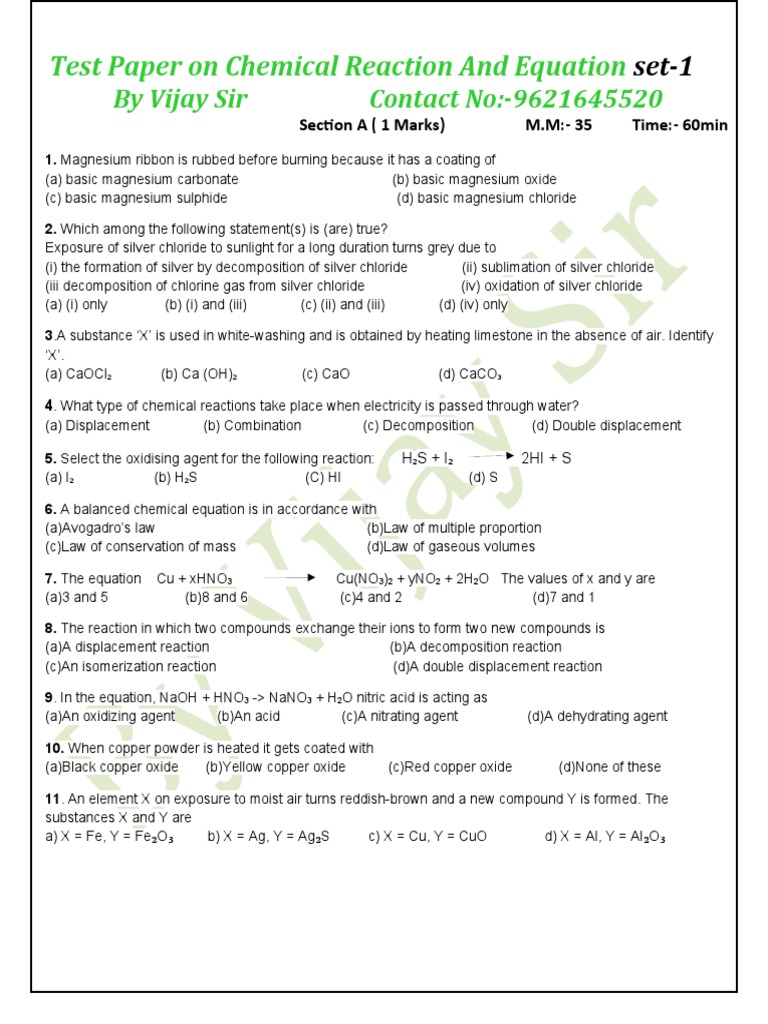 Test Paper On Chemical Reaction and Equation Set 1 2021 | PDF ...
