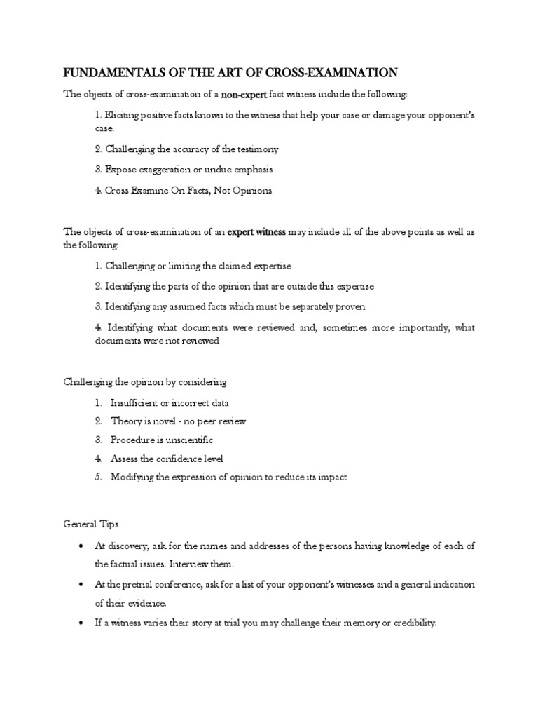 Cross-Examination Techniques Guide | PDF | Witness | Expert Witness