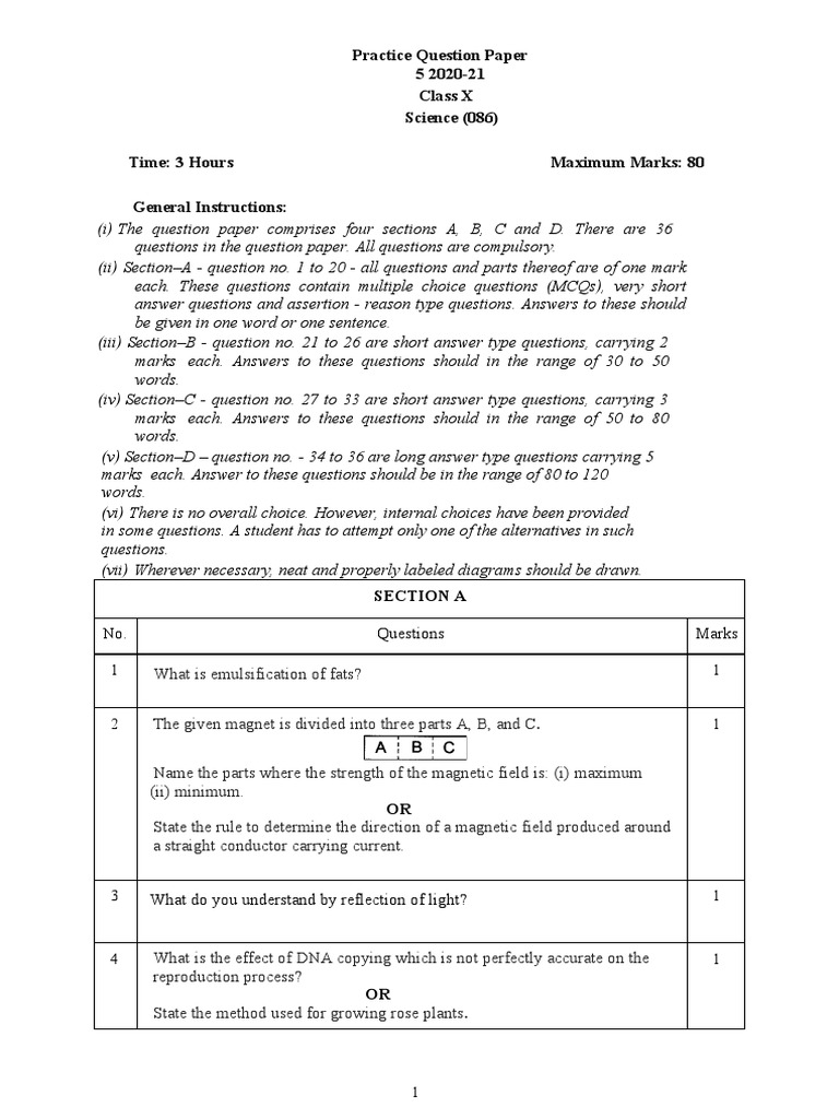 Practice Question Paper 5 2020-21 Class X Science (086) Time: 3 Hours ...
