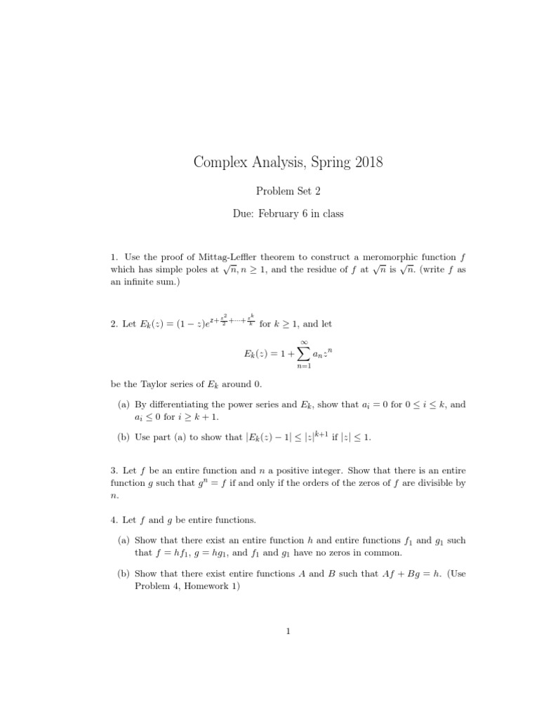 Complex Analysis, Spring 2018: Problem Set 2 Due: February 6 in Class | PDF