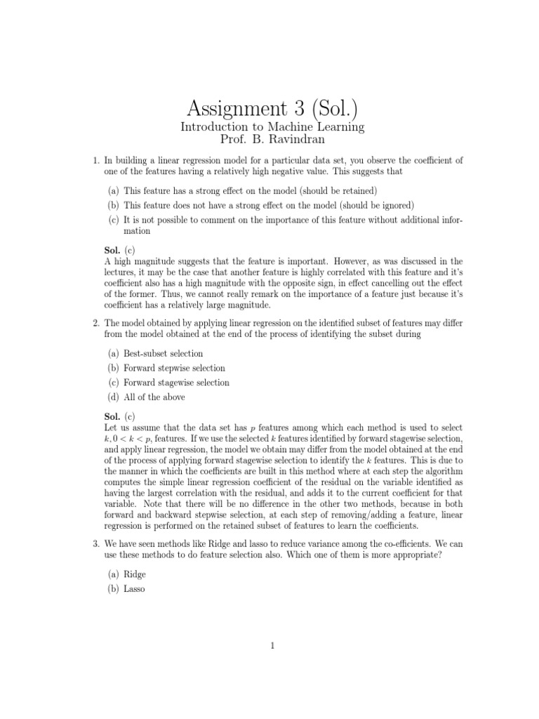 Assignment 3 (Sol.) : Introduction To Machine Learning Prof. B. Ravindran | PDF | Principal ...