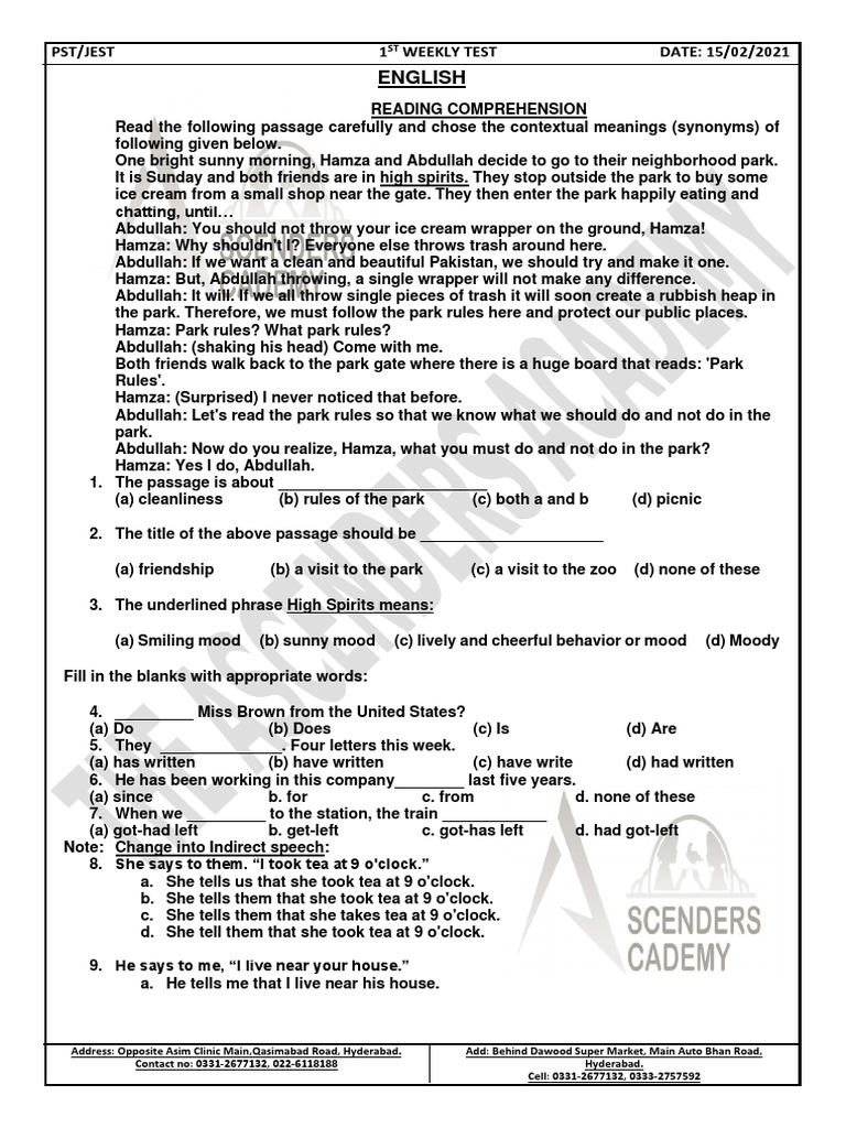 English: Pst/Jest 1 Weekly Test DATE: 15/02/2021 | PDF | Circle | Triangle