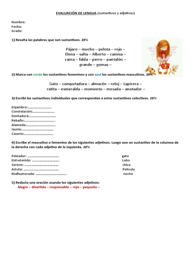 Ejercicios de Sustantivos y Adjetivos 5° | PDF