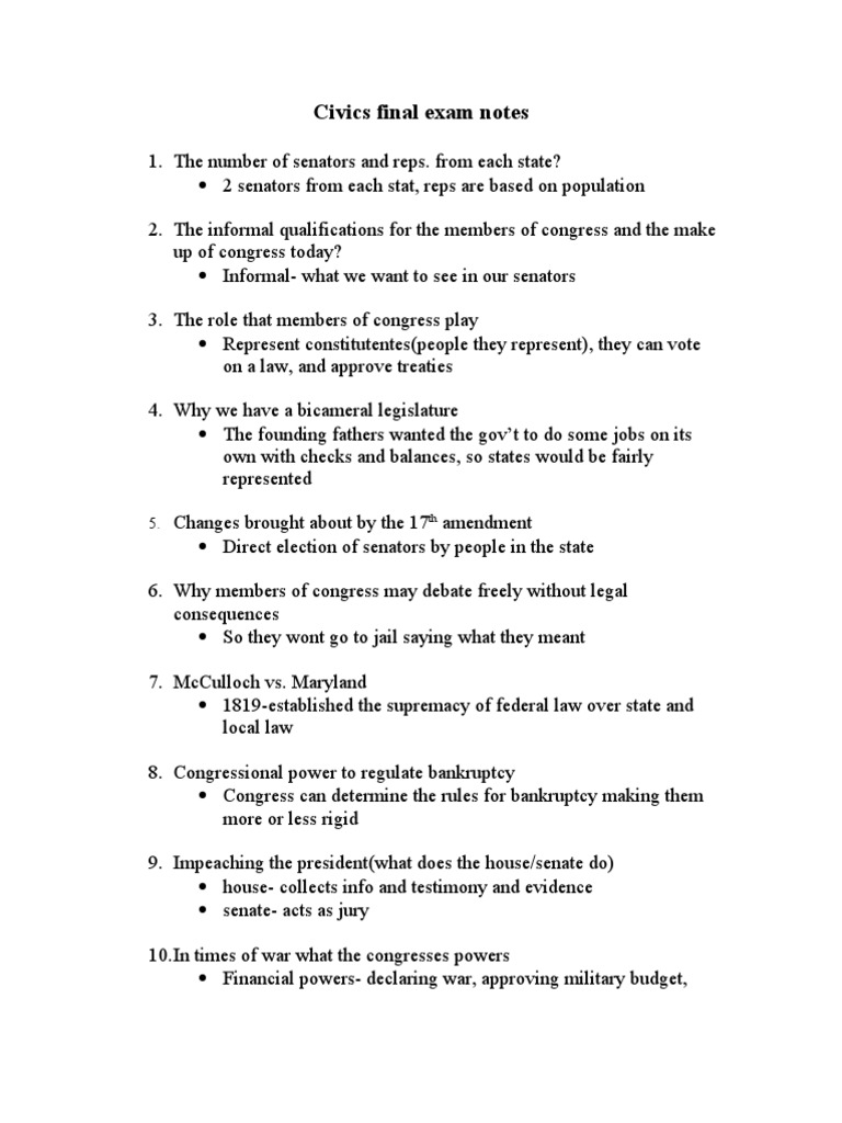 Civics Final Exam Notes | PDF | United States Congress | American ...