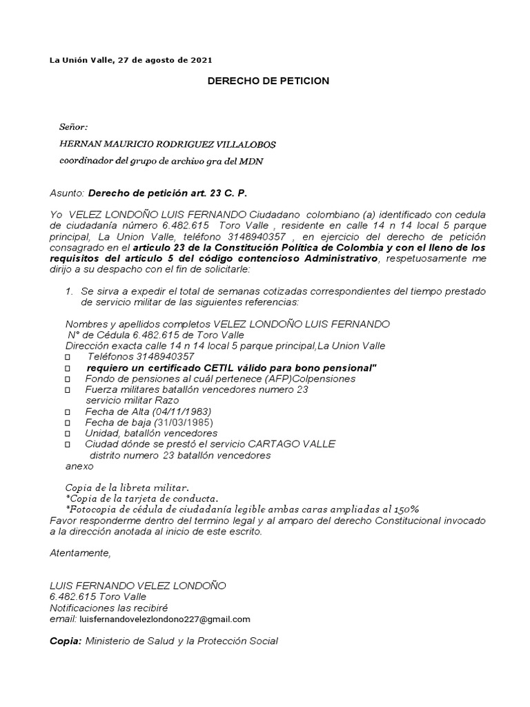 Formato Derecho de Peticion para Pedir Semanas Cotizadas en Pensiones | PDF