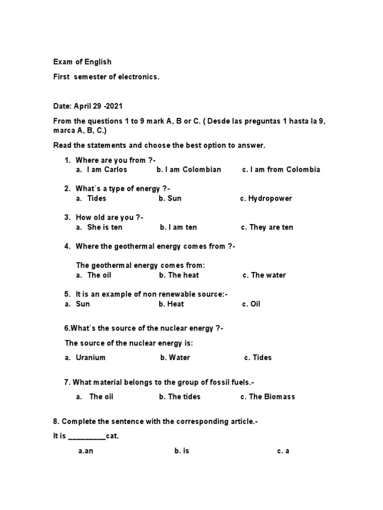 Exam of English, First Semester | PDF | Nuclear Power | Renewable Energy