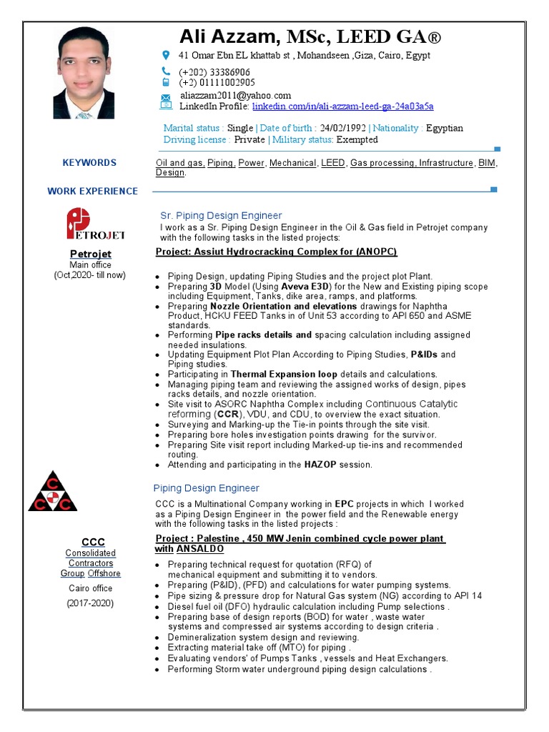 Sr. Piping Designer Ali Azzam CV | PDF | Building Information Modeling ...