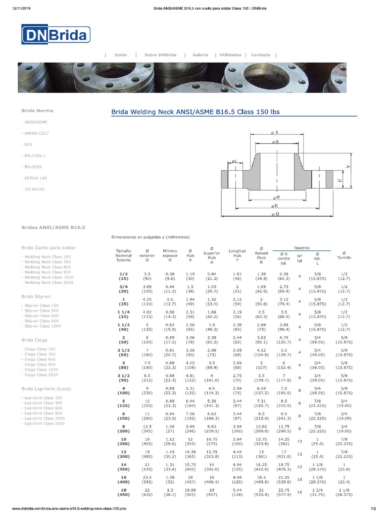 Brida ANSI - ASME B16.5 Con Cuello para Soldar Class 150 - DNBrida | PDF | Plomería ...