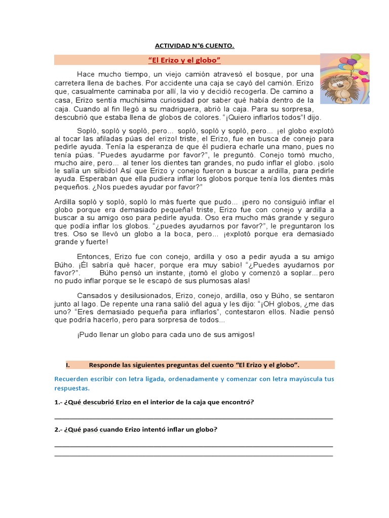 ACTIVIDAD N6 Audiocuento El Erizo y El Globo para Carlos Macias | PDF