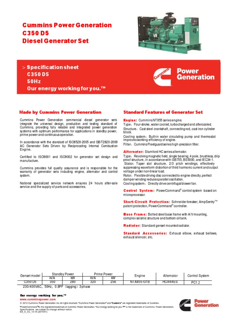 Cummins Power Generation C350 D5 Diesel Generator Set: Specification ...