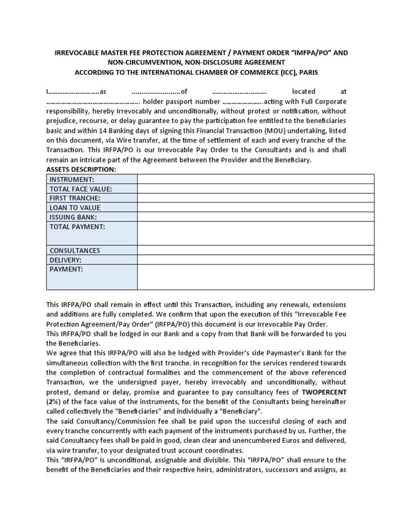 Irrevocable Master Fee Protection Agreement | PDF | Wire Transfer | Banks