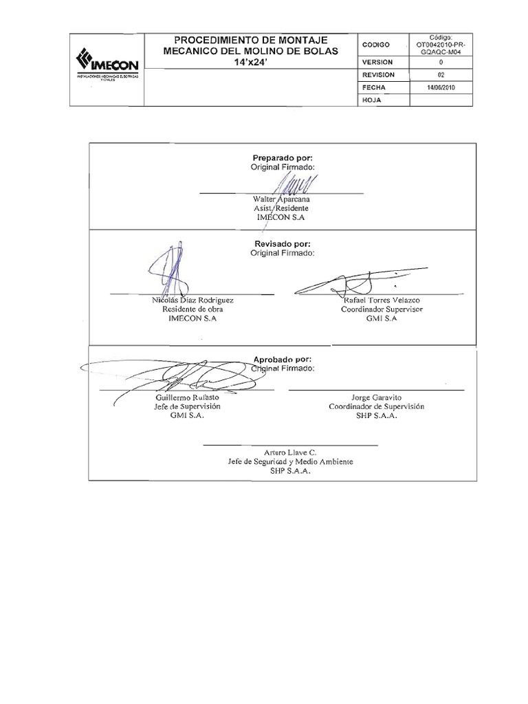 Procedimiento de Montaje de Molino | PDF