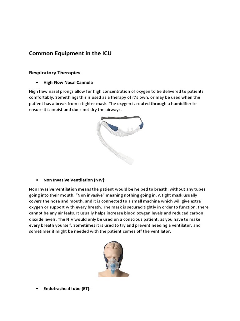 ICU Equipment Guide for Families | PDF | Breathing | Clinical Medicine
