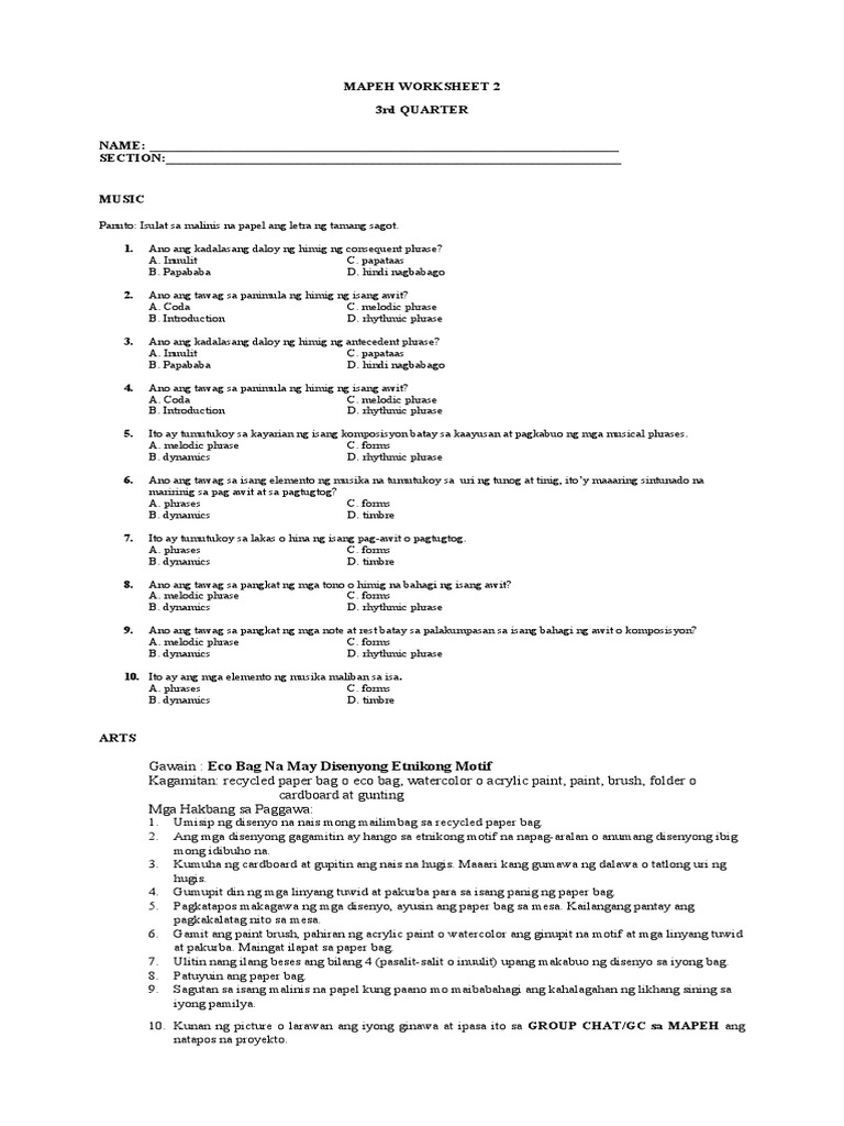 3rdQUARTER MAPEH WORKSHEET 2 | PDF
