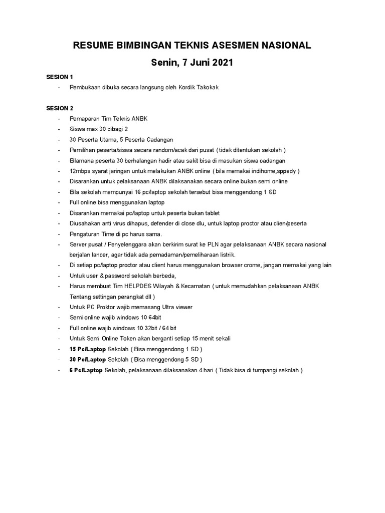 Resume Bimtek Asesmen Nasional | PDF
