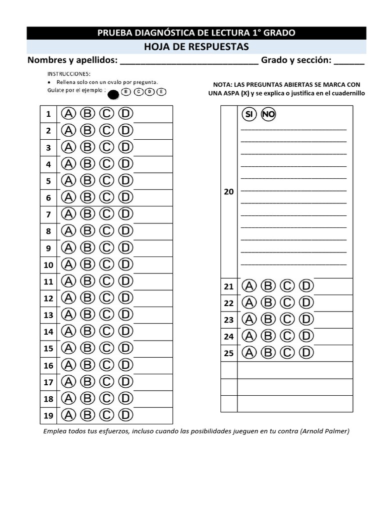 Hoja de Respuestas Prueba Diagnóstica 1° Grado | PDF