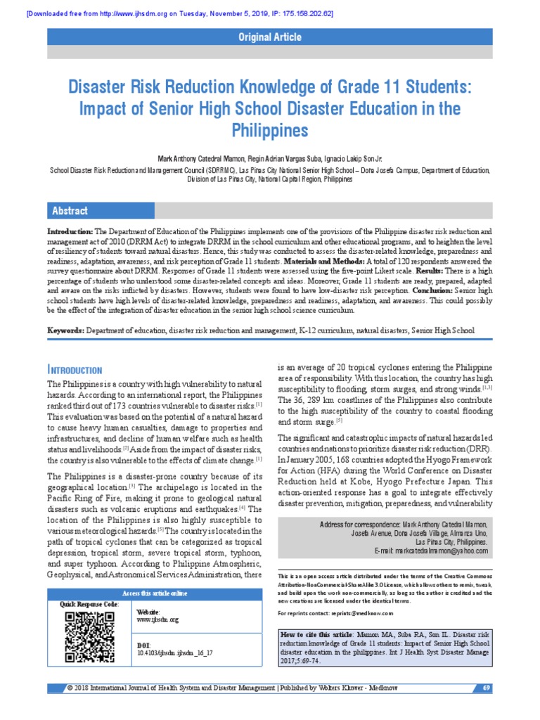 Disaster Risk Reduction Knowledge of Grade 11 Students: Impact of ...