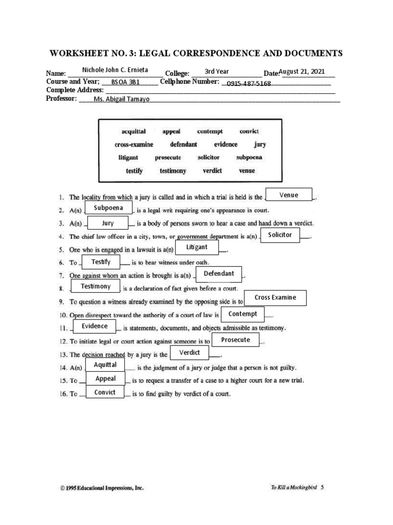 Worksheet No. 3: Legal Correspondence and Documents | PDF | Law