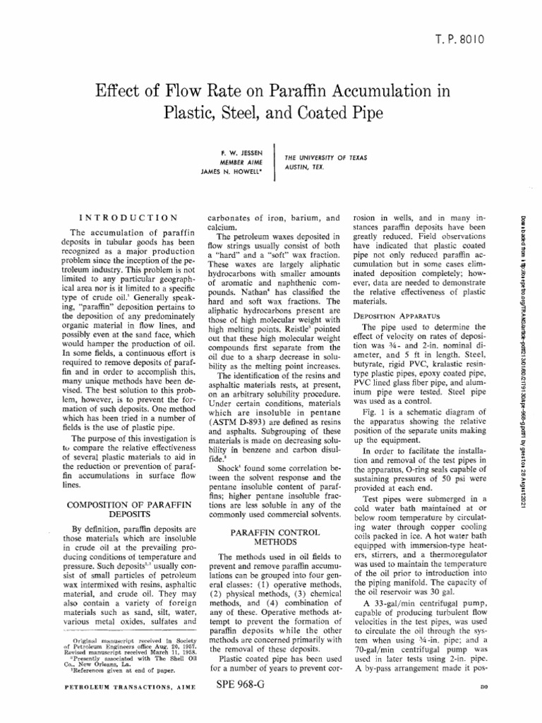 Effect of Flow Rate On Paraffin Accumulation in Plastic, Steel, and ...