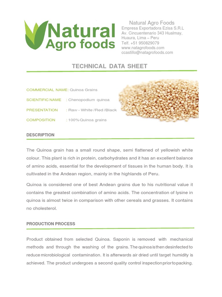 Quinoa - Grains - Technical - Data - Sheet - Natural Agro Foods | PDF