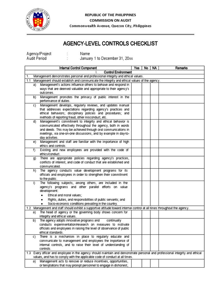 Agency-Level Controls Checklist: Agency/Project: Name Audit Period ...
