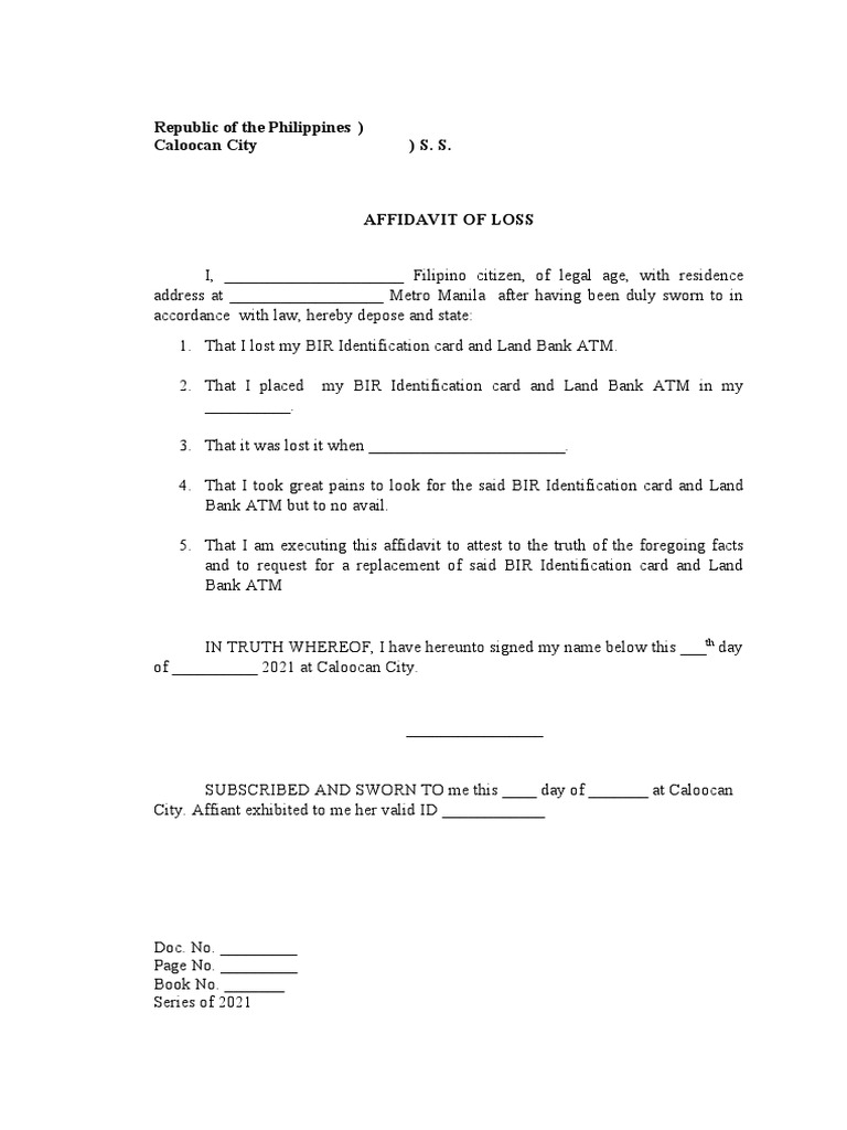 AFFIDAVIT OF LOSS Bir Id Template | PDF