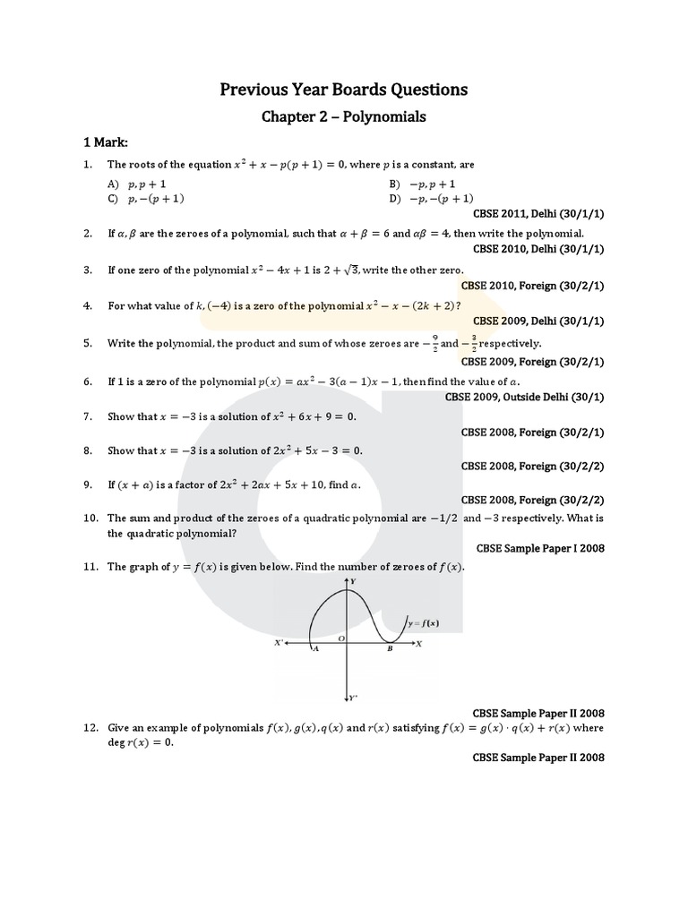 Polynomials Chapter: Previous Year Board Questions | PDF | Polynomial ...