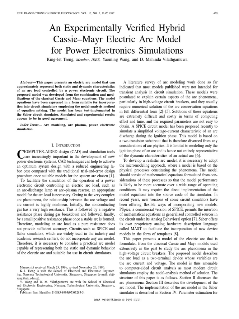 An Experimentally Verified Hybrid Cassie-Mayr Electric Arc Model For ...
