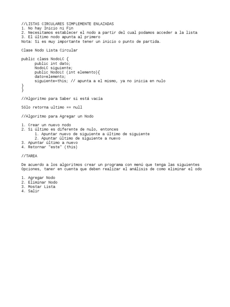 Gestión de listas circulares simplemente enlazadas en Java | PDF