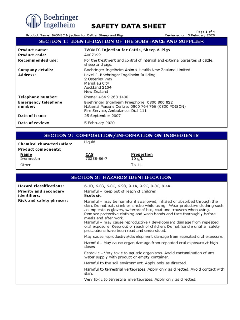 Ivomec Injection For Cattle Sheep Pigs Sds | PDF | Toxicity | Dangerous ...
