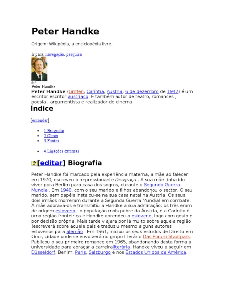 Peter Handke: Vida e Obras | PDF
