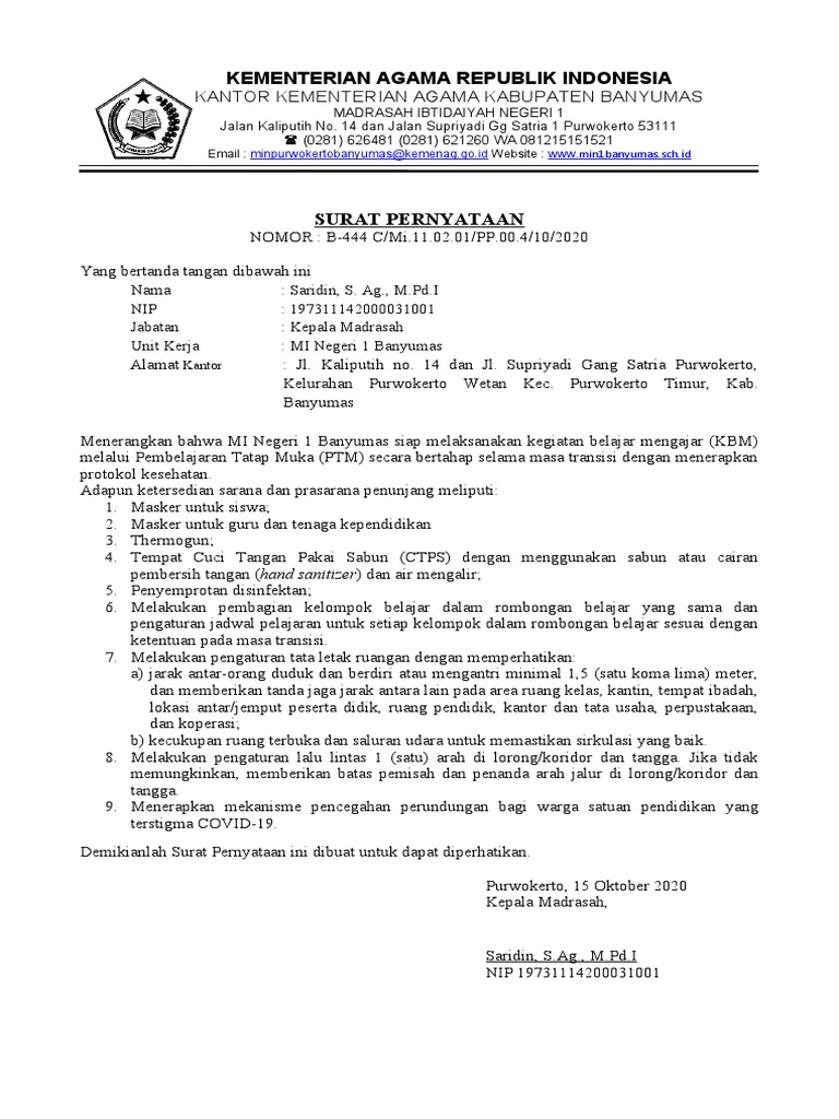 SURAT PERNYATAAN KS PTM MIN 1 Bms | PDF
