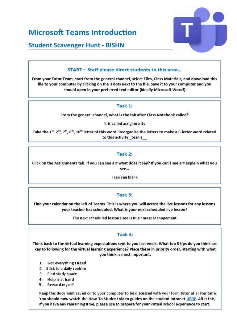 Microsoft Teams Introduction: Student Scavenger Hunt - BISHN | PDF
