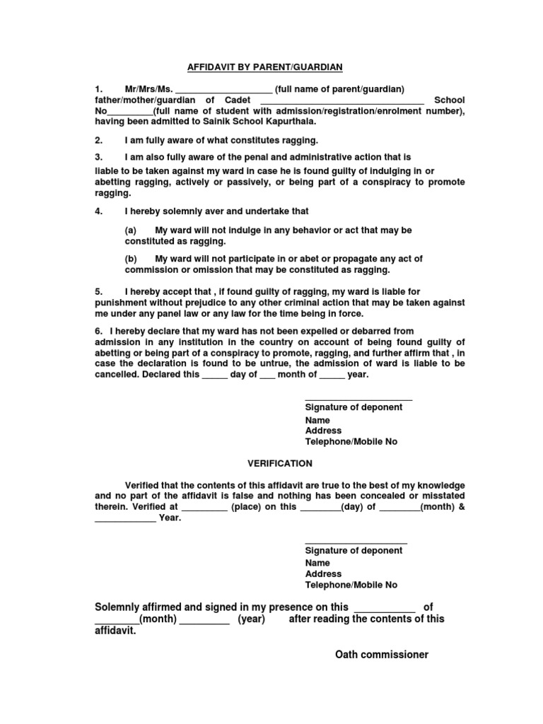 AFFIDAVIT BY PARENT - Ragging | PDF | Affidavit | Crime & Violence