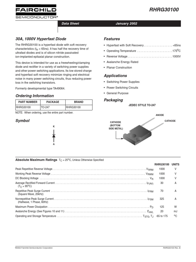 RHRG30100 - Diodo 1000V 30A | PDF | Diode | Rectifier