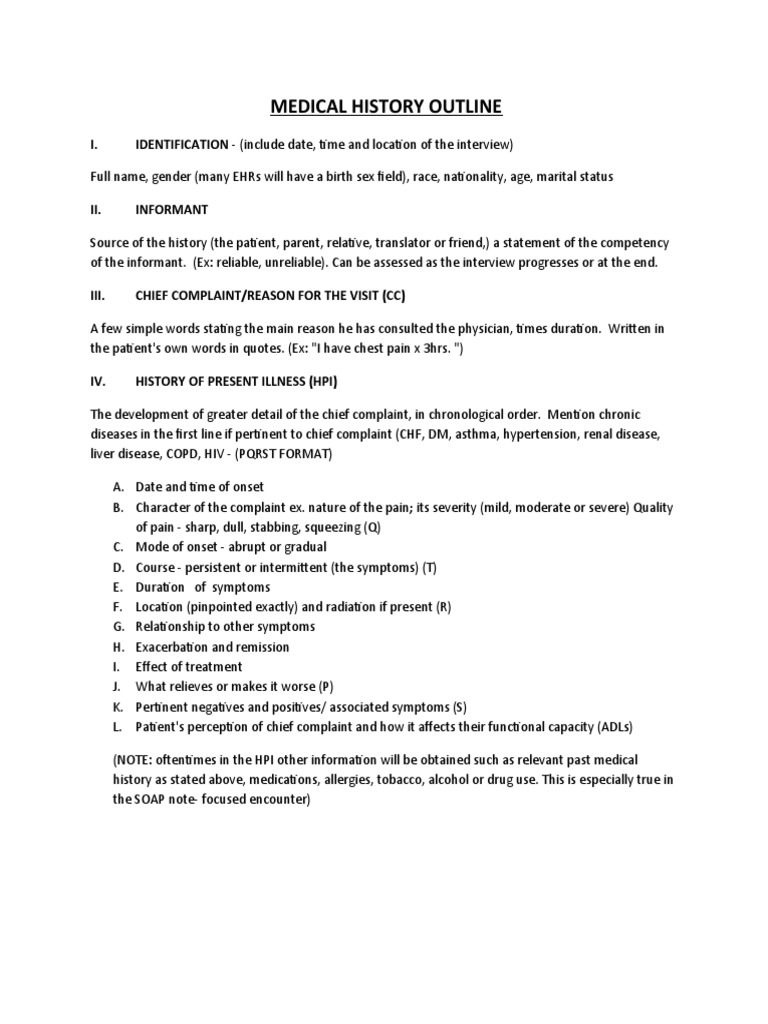 Medical History Outline-2020 | PDF | Paresthesia | Health Sciences