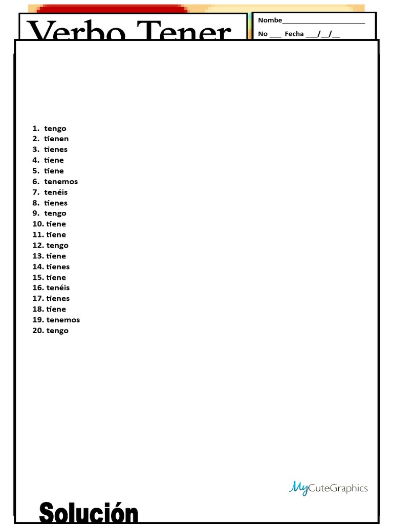 Verbo Tener Presente Indicativo Hoja de Trabajo 67310 | PDF