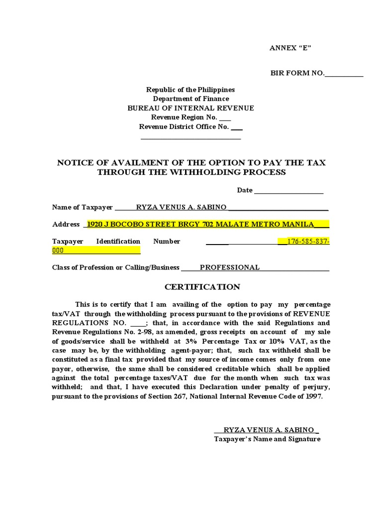 Notice of Availment of The Option To Pay The Tax Through The ...