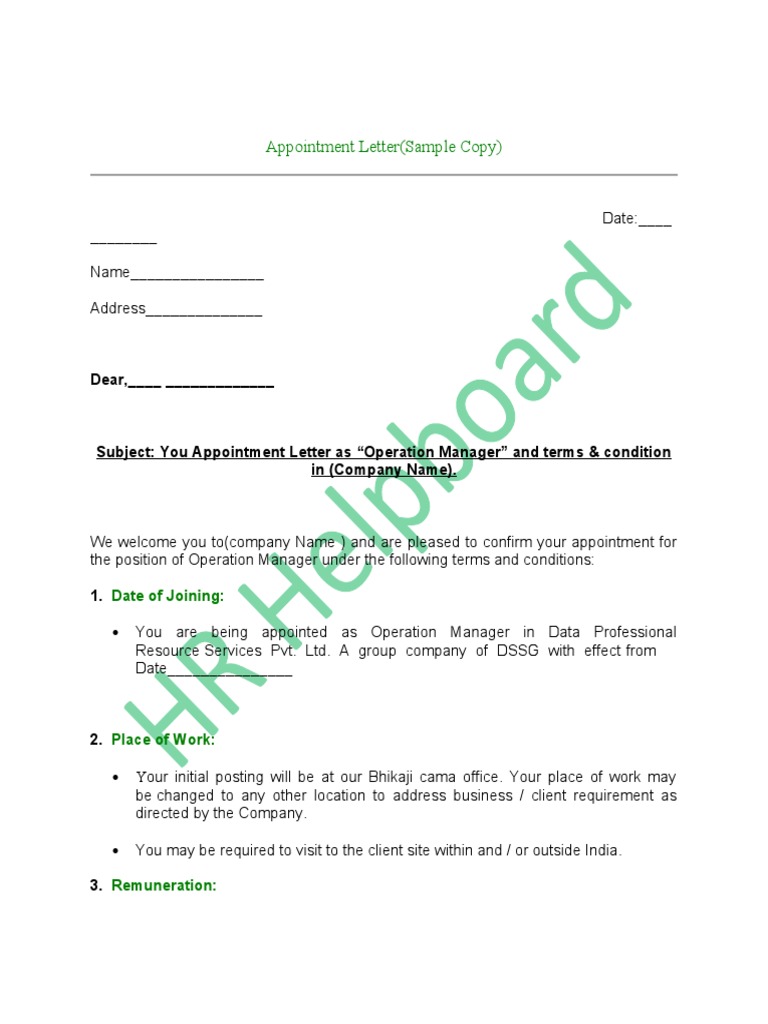 Appointment Letter (Sample Copy) : Dear | PDF | Confidentiality ...