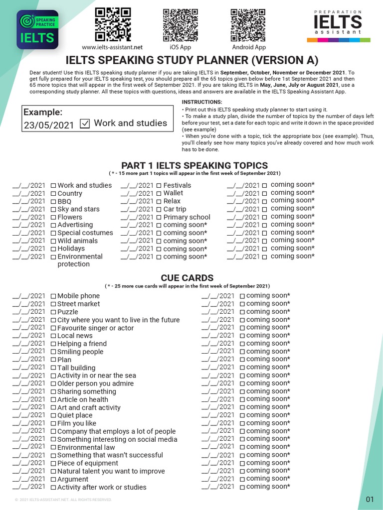 Ielts Speaking Study Planner (Version A) : Example: 23/05/2021 Work and ...