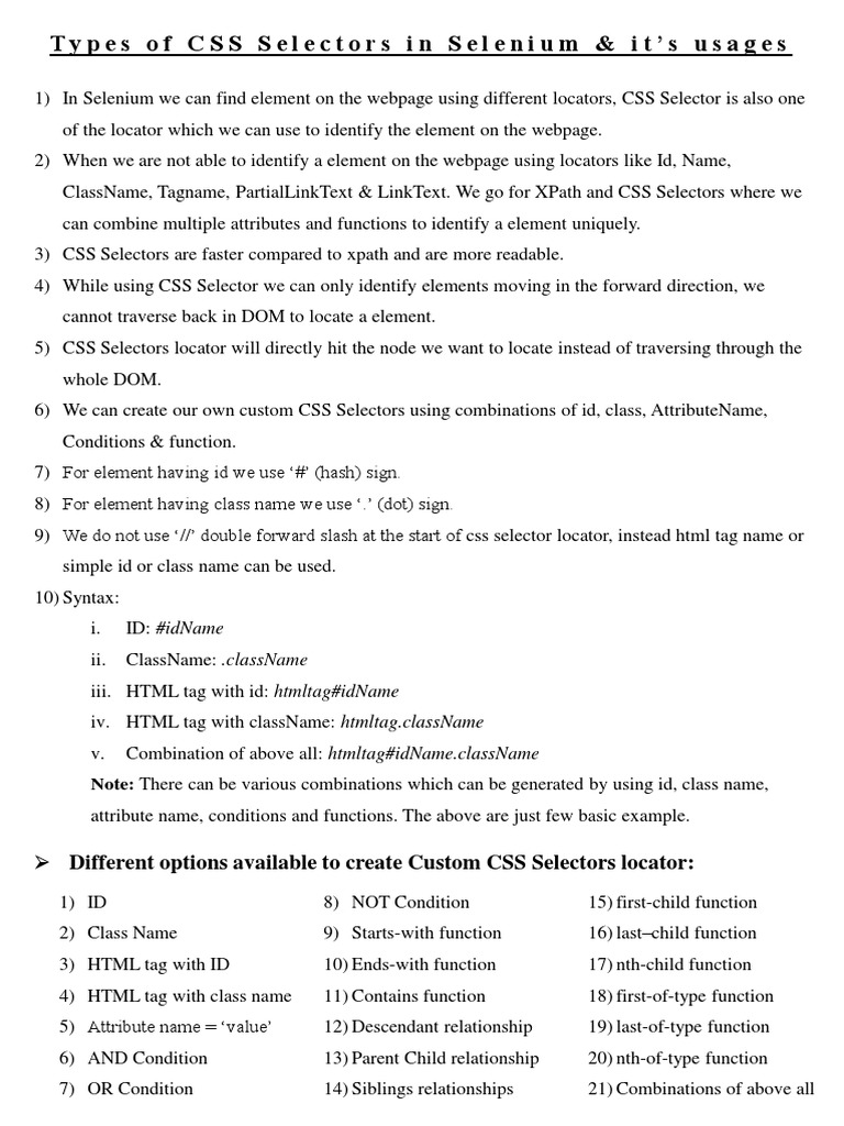 Types of CSS Selectors in Selenium & It's Usages | PDF | Html Element ...