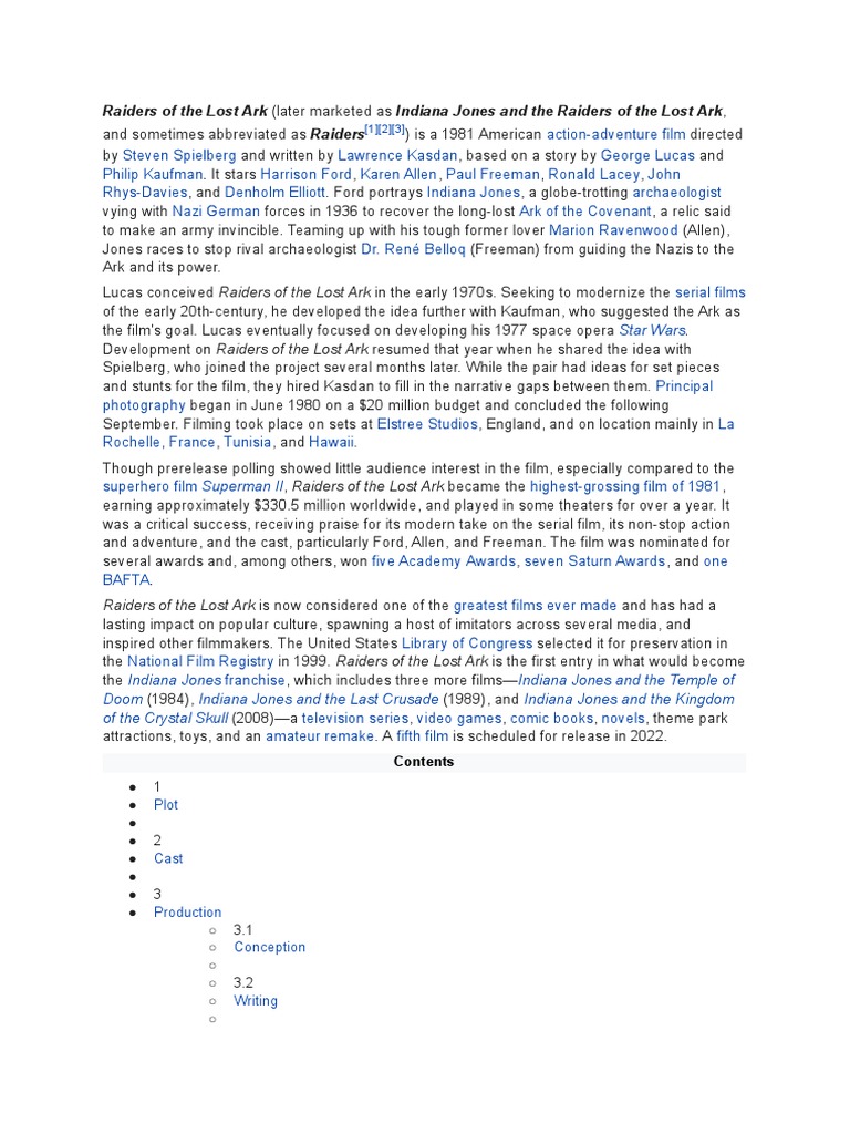 Raiders of the Lost Ark Overview | PDF
