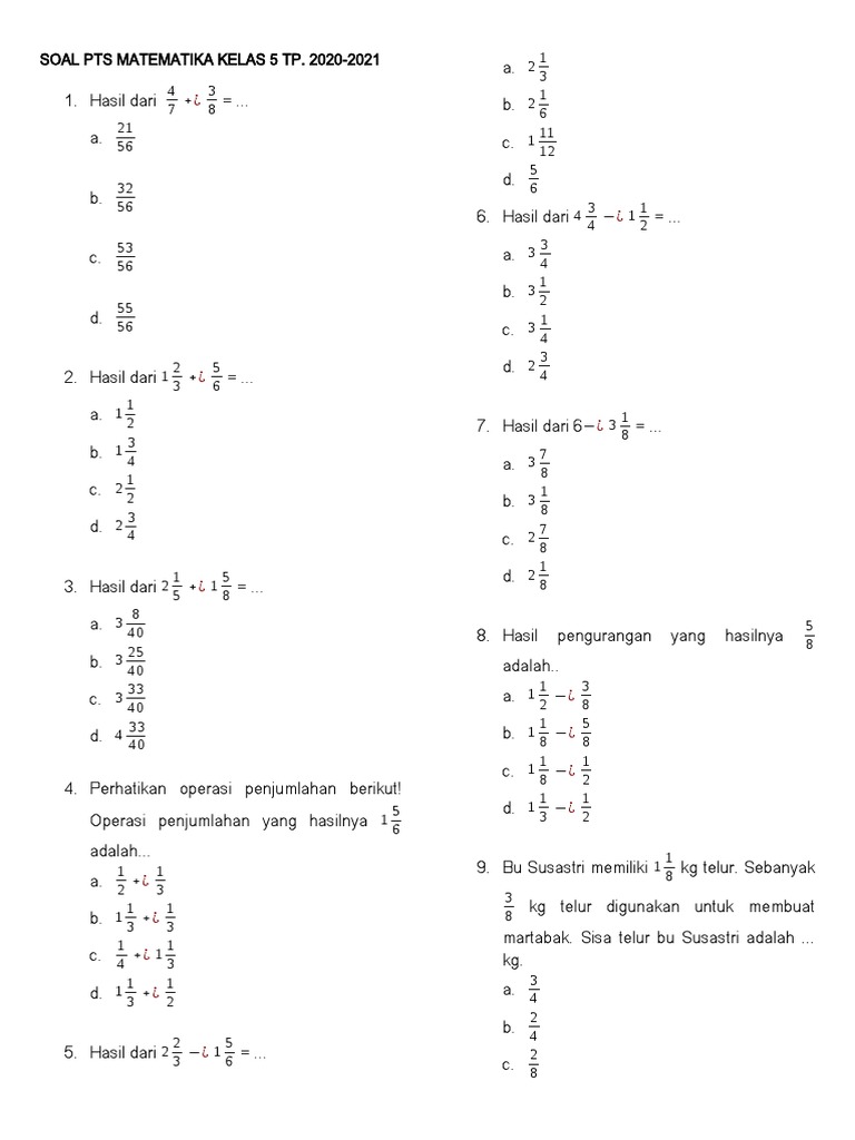 Soal Pas Ganjil Matematika Kelas 5 | PDF