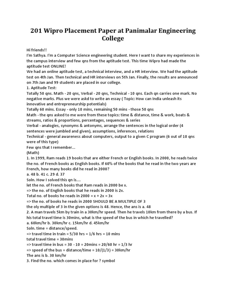 201 Wipro Placement Paper at Panimalar Engineering College | PDF ...
