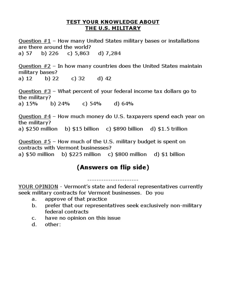 U.S. Military Knowledge Quiz | PDF | Military Budget Of The United ...